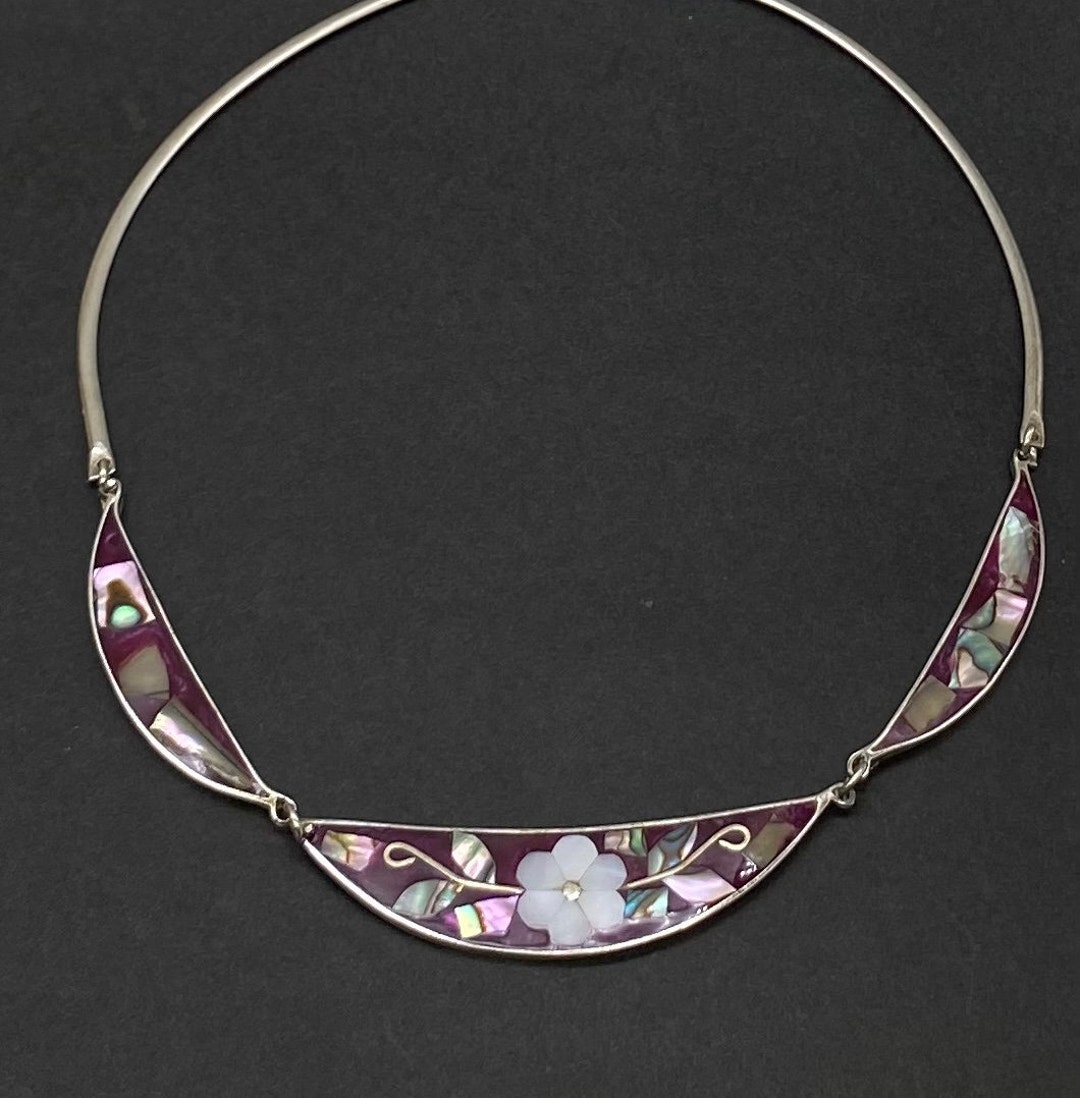 Vintage Alpaca Silver Abalone & MOP Flower Necklace - Etsy