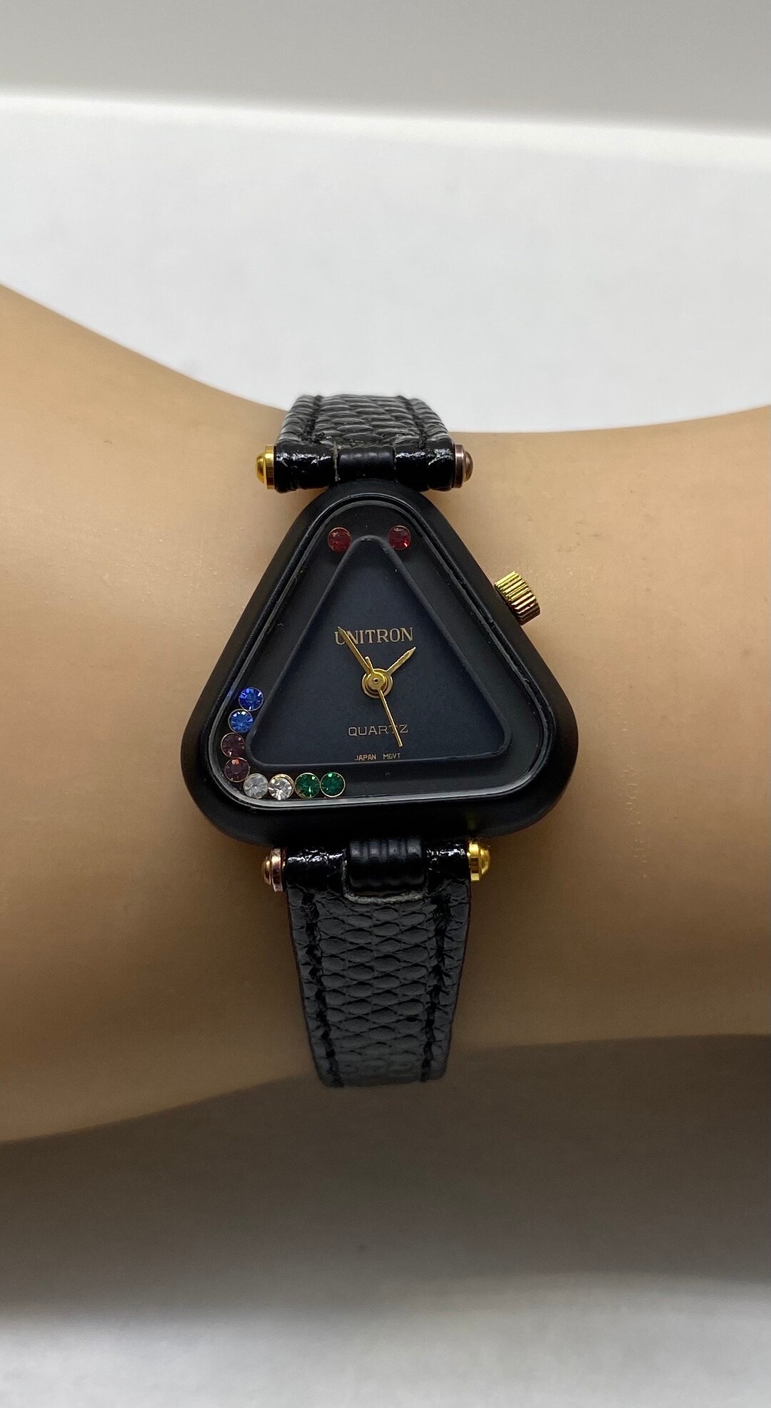 Vintage Art Deco Unitron Triangle Black Watch With Floating Crystal ...