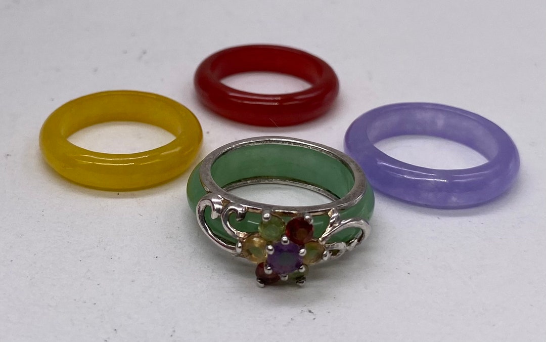 Genuine Multicolored Jade Jewelry Set: Four Interchangeable Rings ...