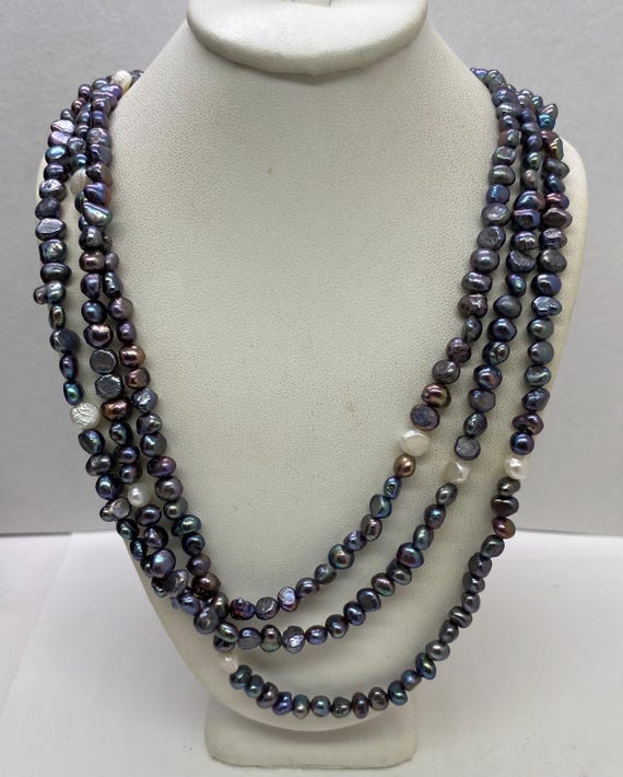 Genuine Cultured Black Pearl Triple Strand Layer Neck… - Gem