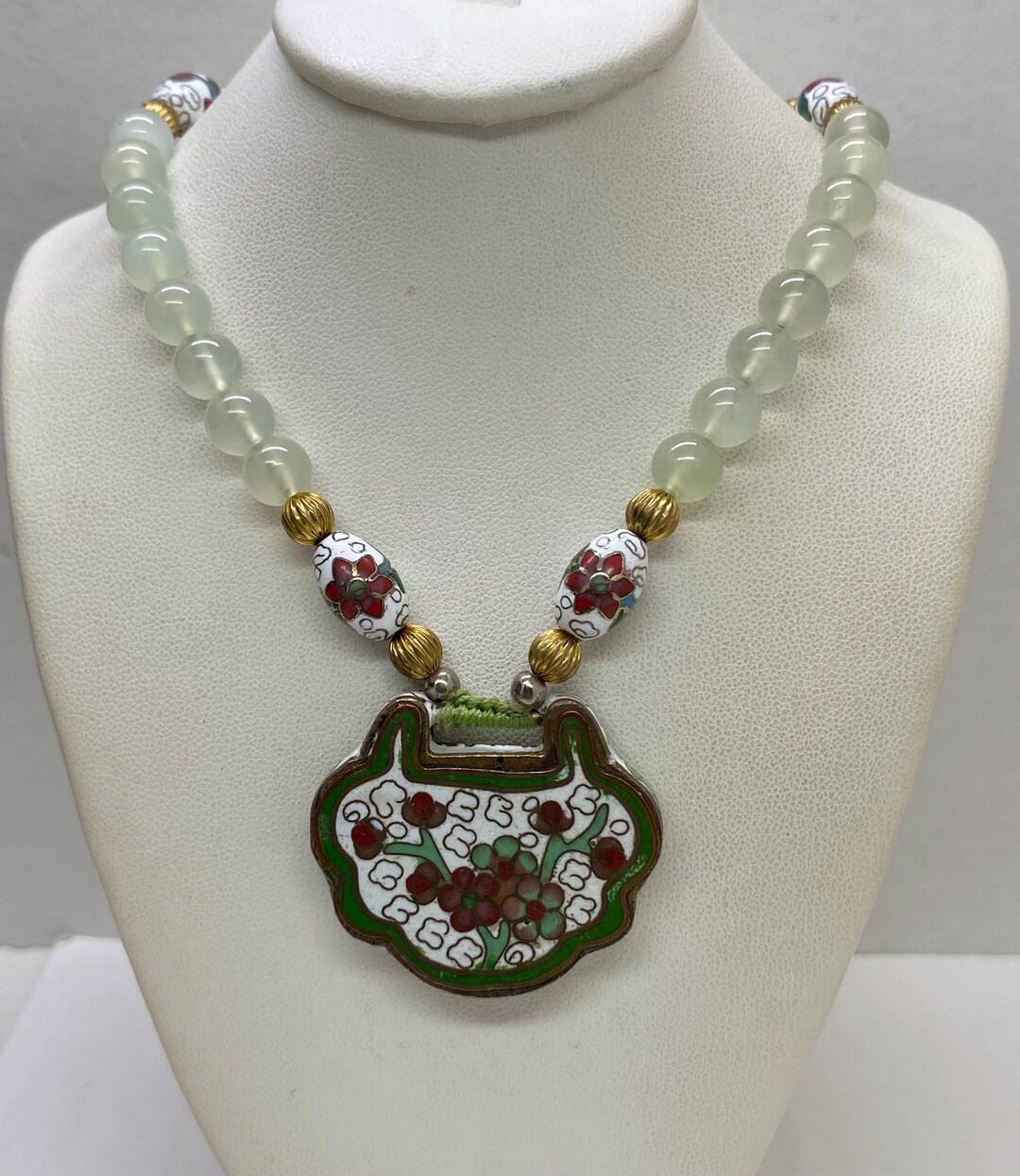 Antique Chinese Export Cloisonné & Natural Jade, Jadeite Carved Beads ...