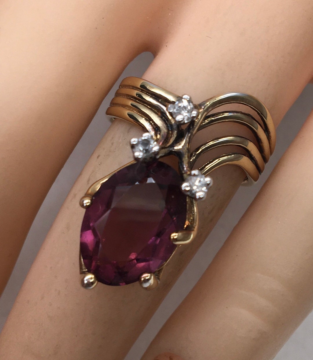 Vintage Art Deco Panetta Ring Gold Over Sterling Amethyst CZ Brutalist ...