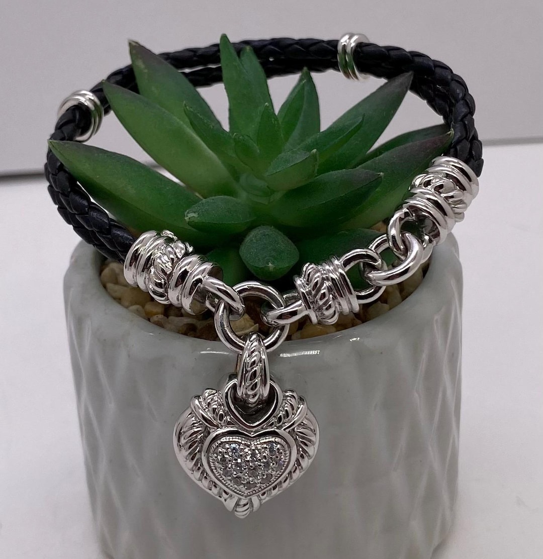 Judith Ripka Bracelet, Sterling Silver Double Sided Black Leather ...