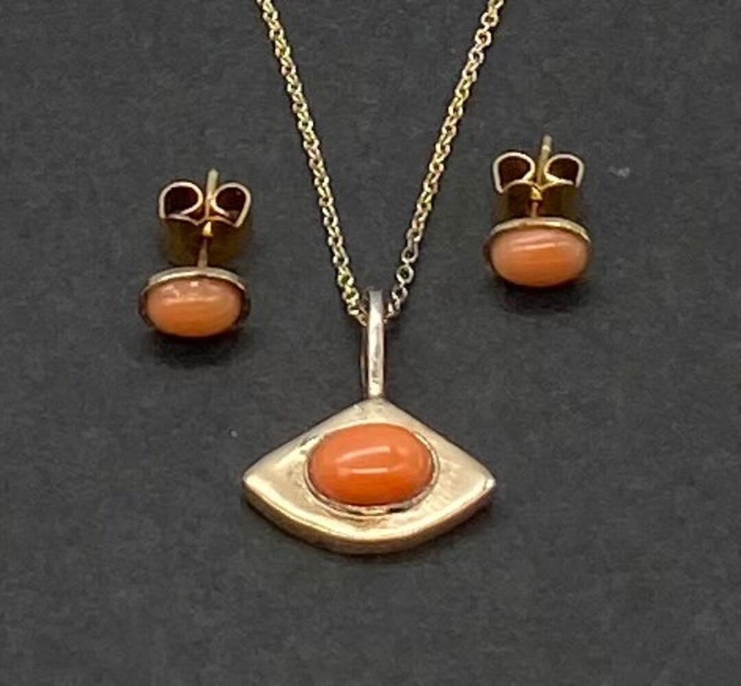 Vintage Gold Over Sterling Coral Cabochon Necklace & Matching Earring ...