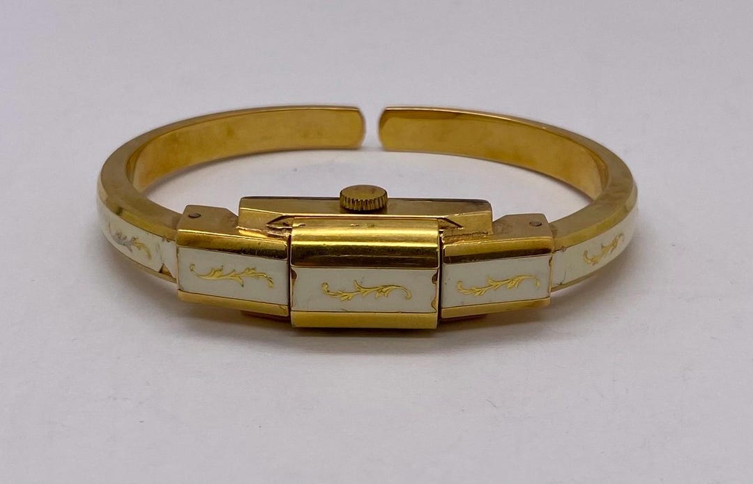 Vintage La Marque Gold White Enamel Peek A Boo Watch Hinge Cuff Women’s ...