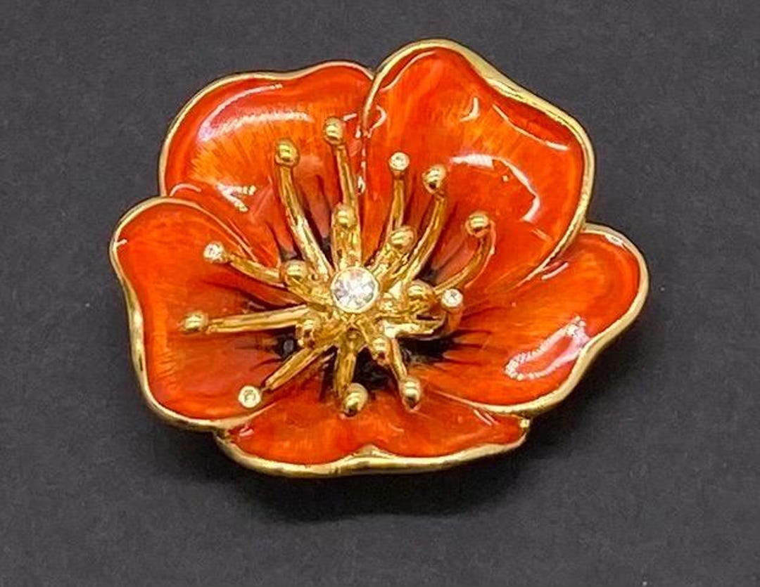 Vintage Monet Flower Orange Enamel & Rhinestone Brooch Pin - Etsy
