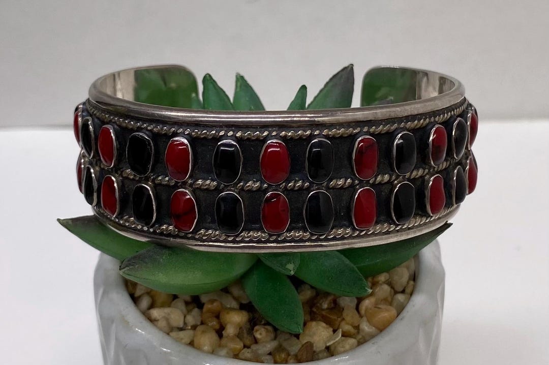 Vintage Mexico Sterling Silver Bracelet Red Jasper & Black Onyx Cluster ...