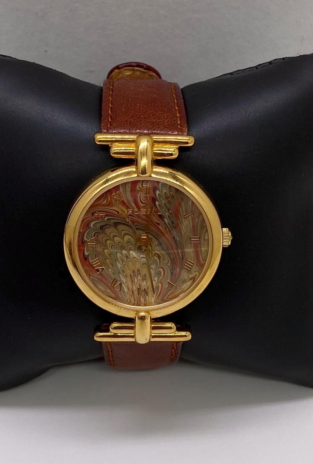 Rare Fossil Watch Gold Plated Brown Leather Band Roman Numerals Classic ...