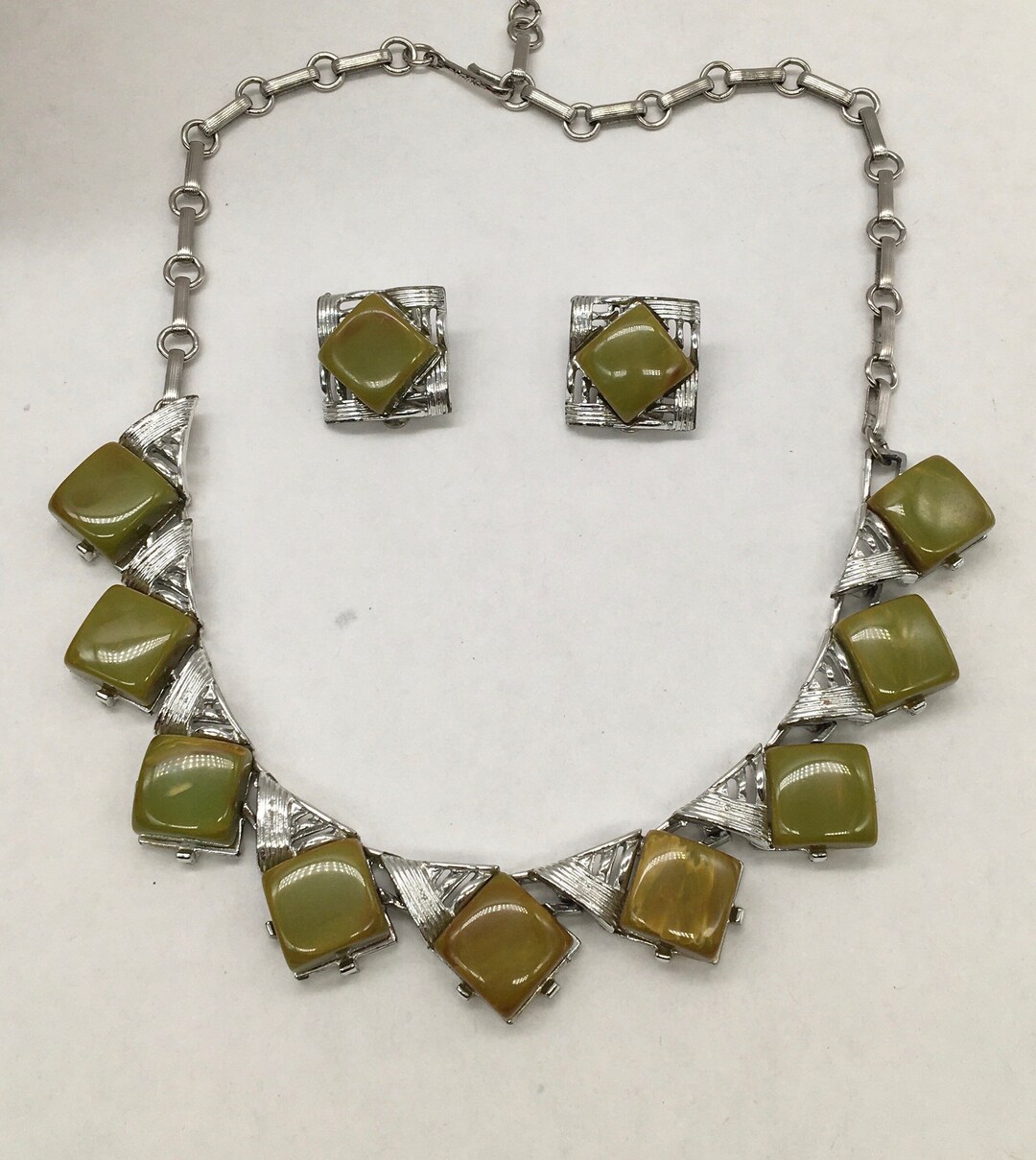 Coro Green Marbled Bakelite Necklace & Earring Set - Etsy