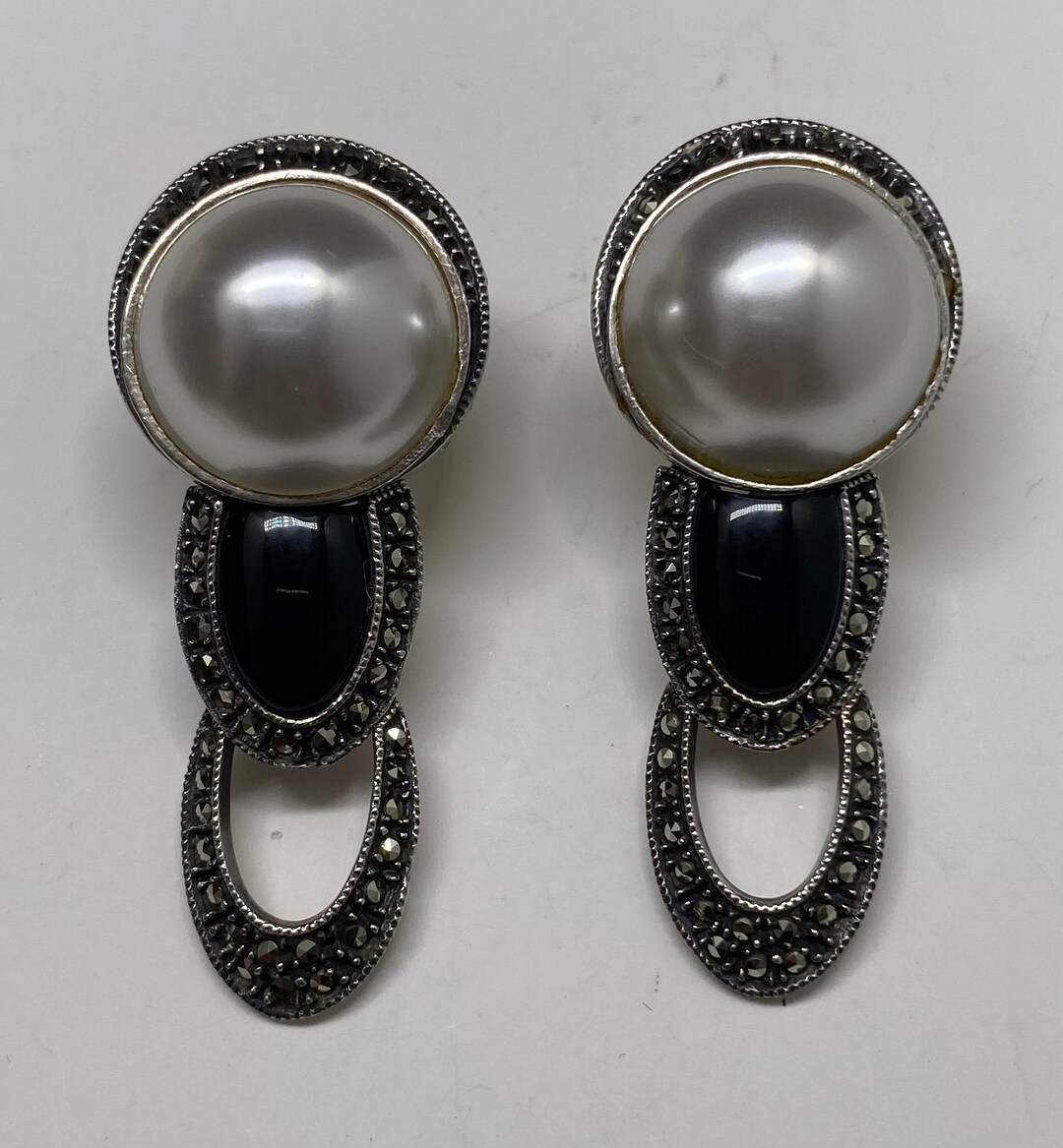 Vintage Judith Jack Sterling Silver Mabe Pearl Marcasite Onyx Dangle ...