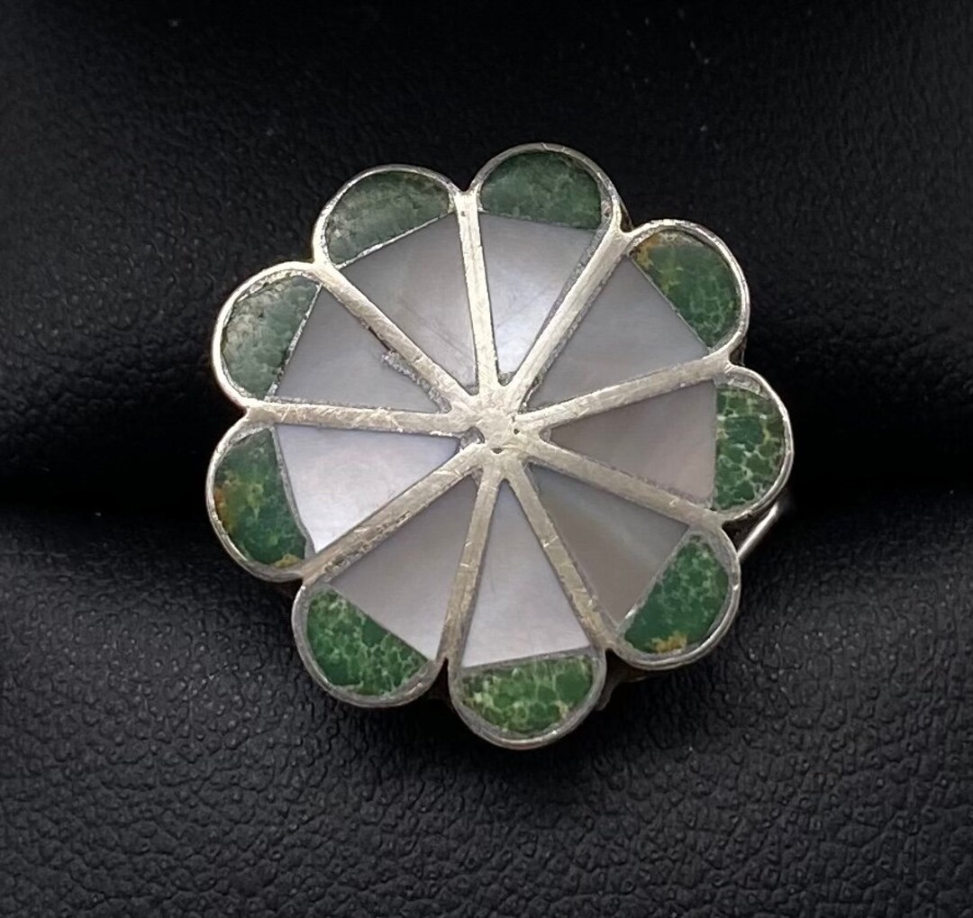 Vintage Sterling Silver Southwest Native Turquoise & MOP Inlaid Flower ...