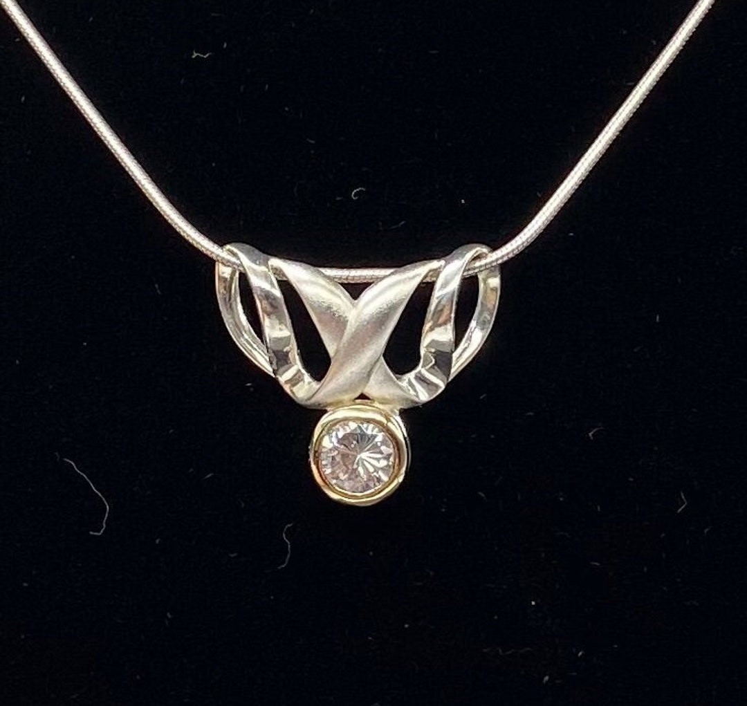CID Clyde Duneier Sterling & 14k Gold CZ Solitaire Pendant Necklace - Etsy