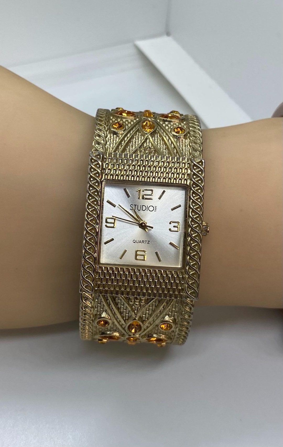 Studio Women’s Cuff Watch Gold Tone With Citrine Crystal - Etsy