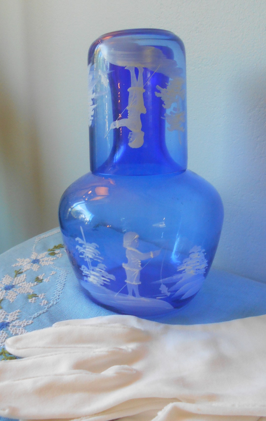 Mary Gregory Cobalt Blue Glass Tumble up Set, Hand Painted Boy and Fish ...