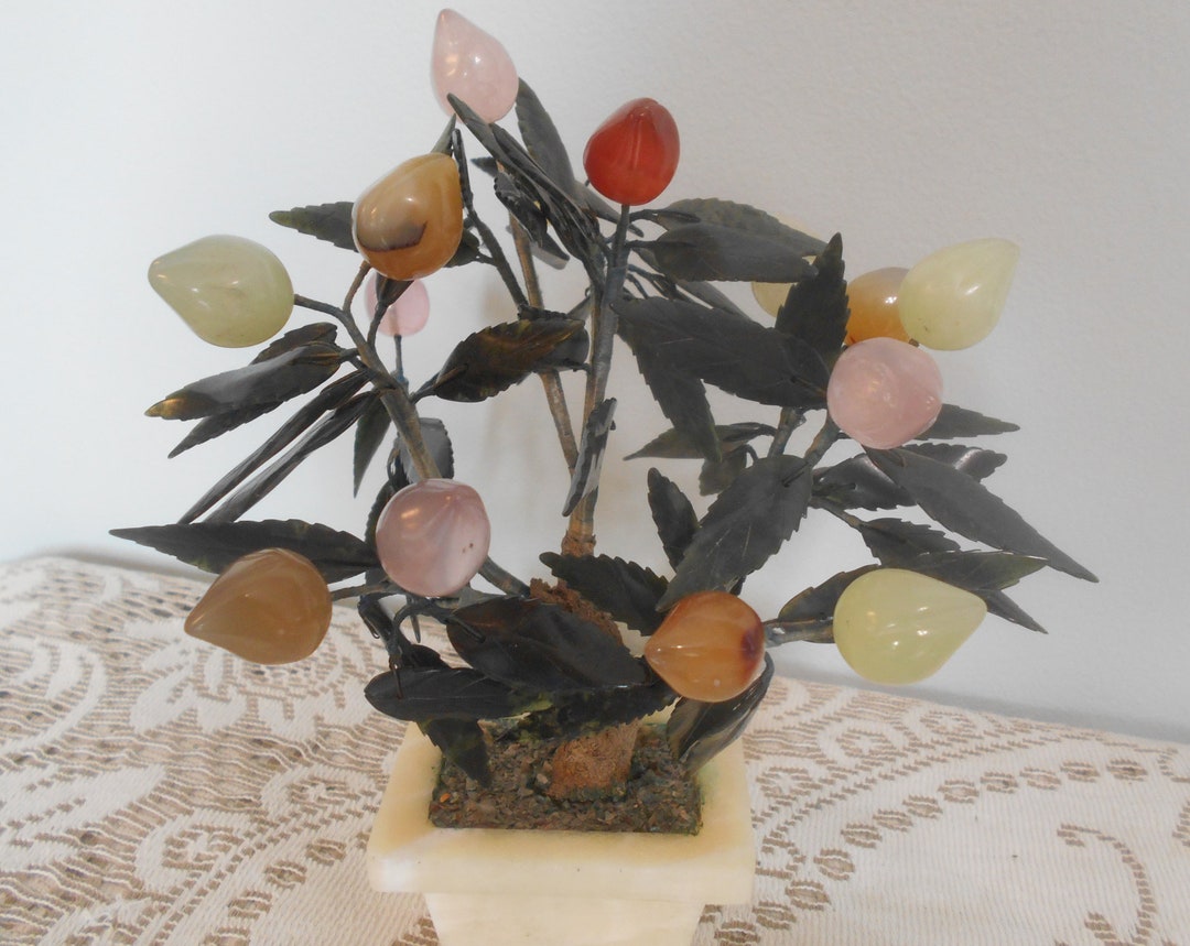 Vintage Carved Chinese Jade, Quartz, and Stone Tree, Asian Jade Tree ...