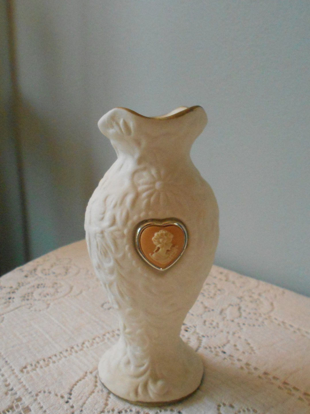 Antique White Wallace Porcelain Bisque Bud Vase, Floral & Heart Shaped ...