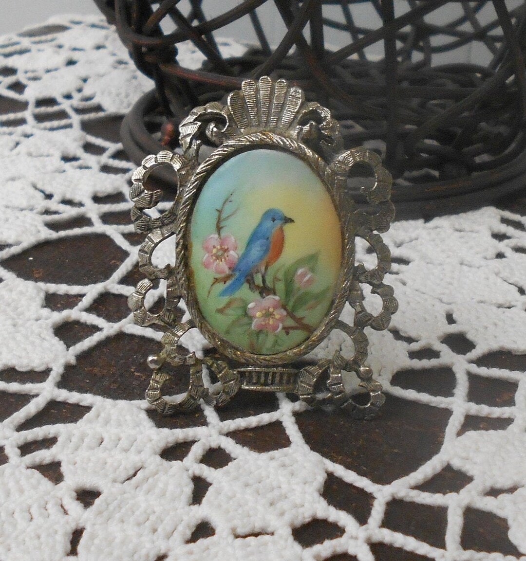 Victorian Porcelain Blue Bird Framed Portrait, Hand Painted, Dark ...