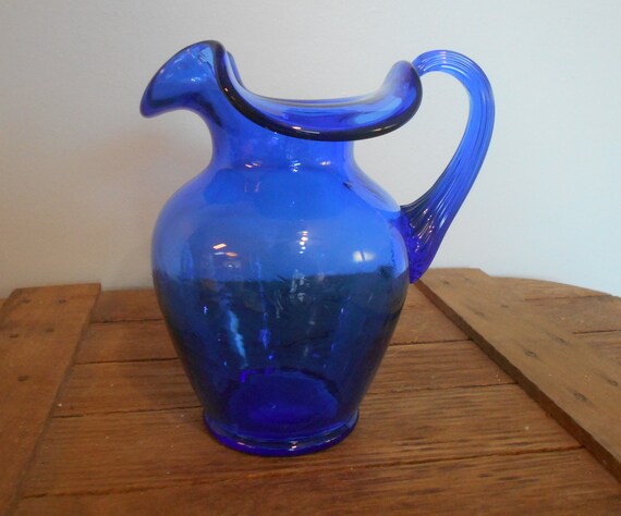 Vintage Cobalt Blue Fenton Pitcher Nice Ruffled Detail - Etsy
