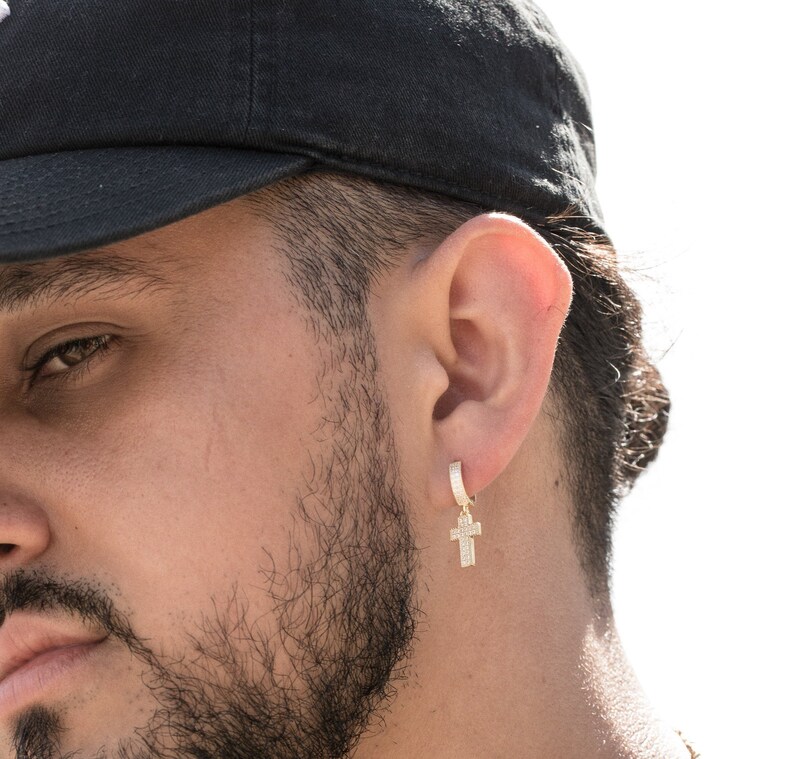 Men's Iced Yellow Gold Hanging Cross Dangle Hoop Earrings - Etsy