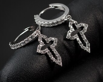 Mini 925 Sterling Silver Huggie Hanging Mens Dangle Cross Hoop - Etsy