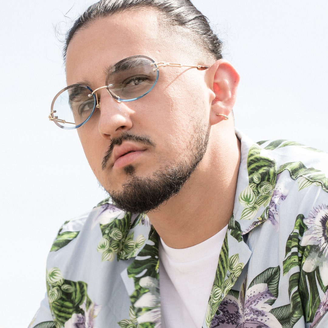 Mens Luxury Baby Blue Tint Circle Round Rimless Gold Frame - Etsy