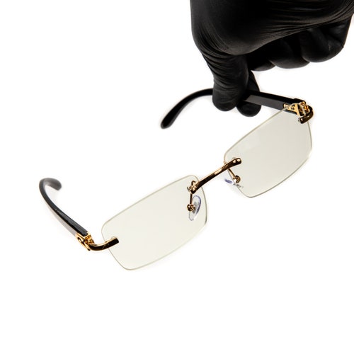 Mens Vintage Rimless Woodgrain Gold Frame Retro Clear Etsy