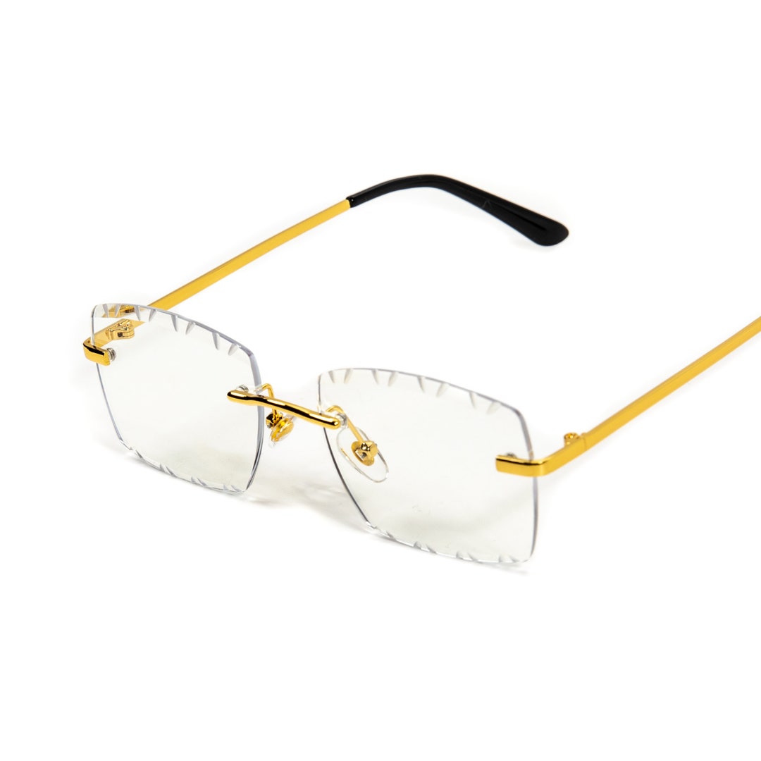 Men's Gold Wire Frame Rimless Gem Cut Clear Lens Hip Hop Vintage ...