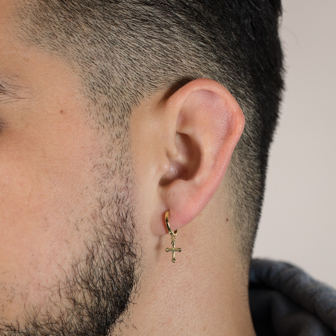 Mens Small Solid Sterling Silver Gold Huggie Dangle Cross Hoop - Etsy