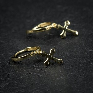 Mens Small Solid Sterling Silver Gold Huggie Dangle Cross Hoop Earrings ...