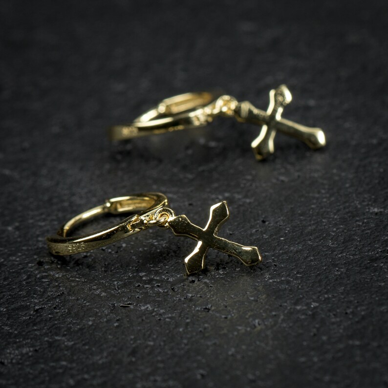 Mens Small Solid Sterling Silver Gold Huggie Dangle Cross Hoop - Etsy