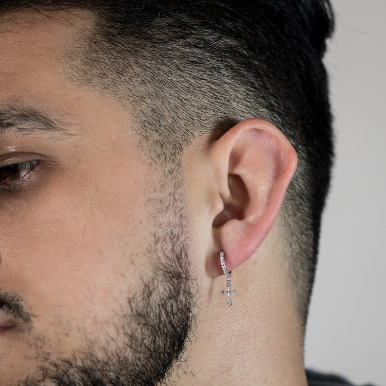 Mini 925 Sterling Silver Huggie Hanging Mens Dangle Cross Hoop - Etsy