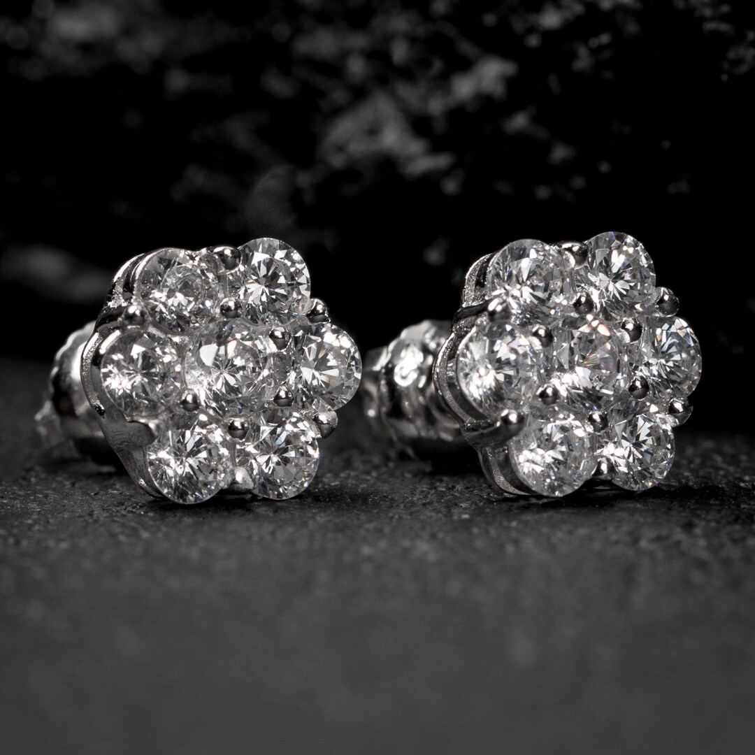 925 Sterling Silver Honey Comb Set Iced Cz Circle Flower Cluster Screw ...