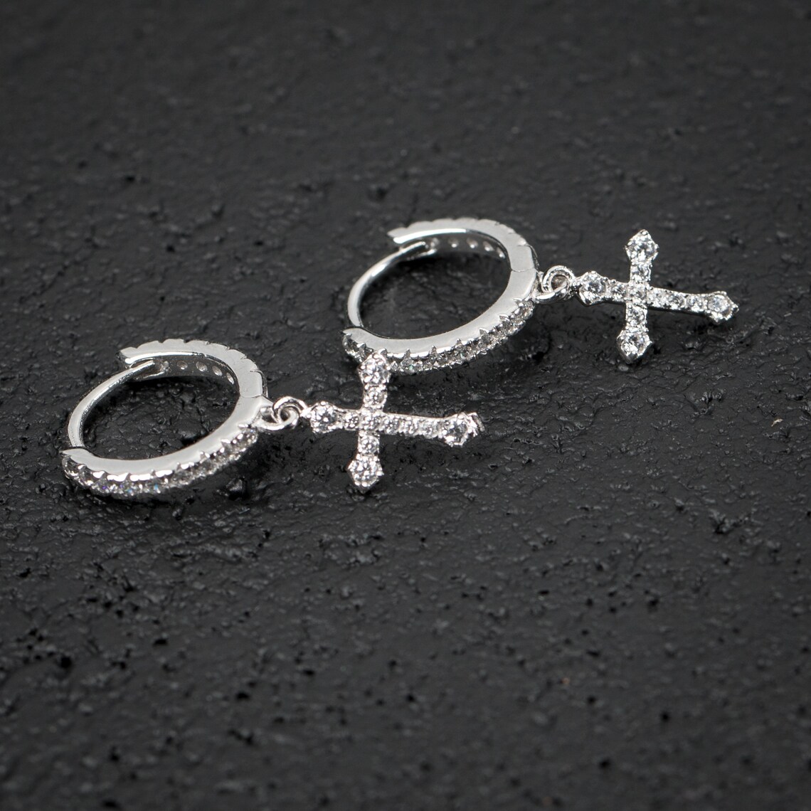 Mini 925 Sterling Silver Huggie Hanging Mens Dangle Cross Hoop - Etsy