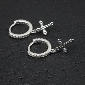 Mini 925 Sterling Silver Huggie Hanging Mens Dangle Cross Hoop - Etsy