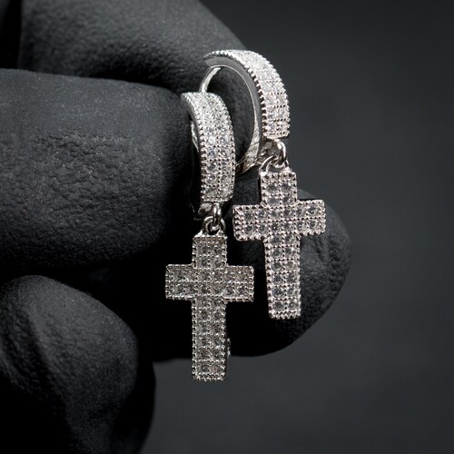 Mens Iced Silver Dangle Cross Huggie Hoop Earrings - Etsy