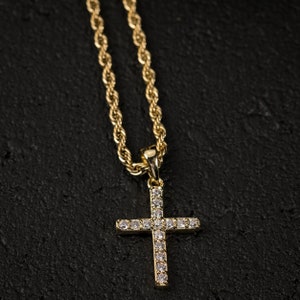 Iced 14K Gold Plated Micro Mini Cross Pendant Hip Hop Rope Chain ...