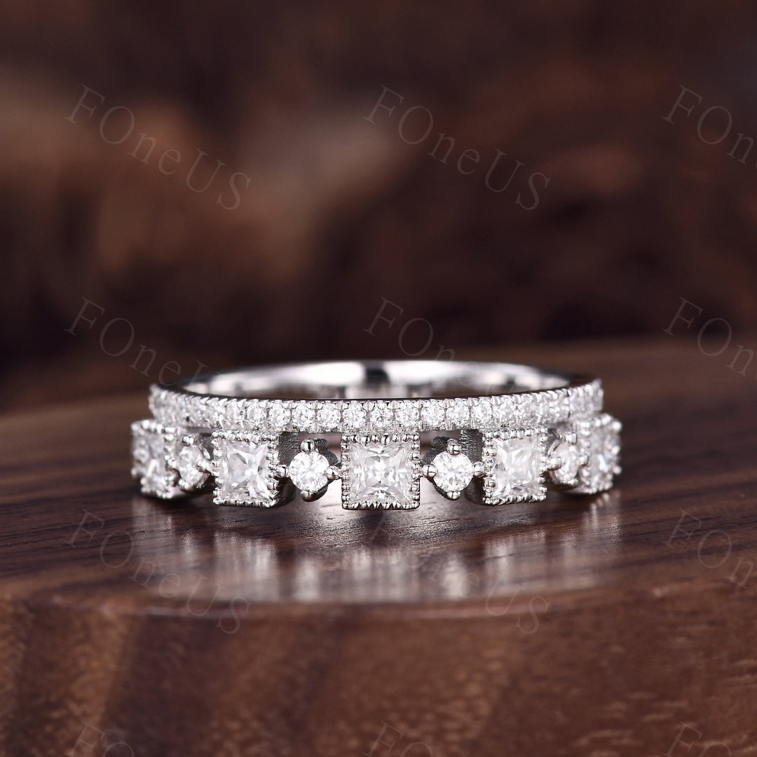 Vintage Moissanite Wedding Band 14k White Gold Princess Cut Band Unique ...