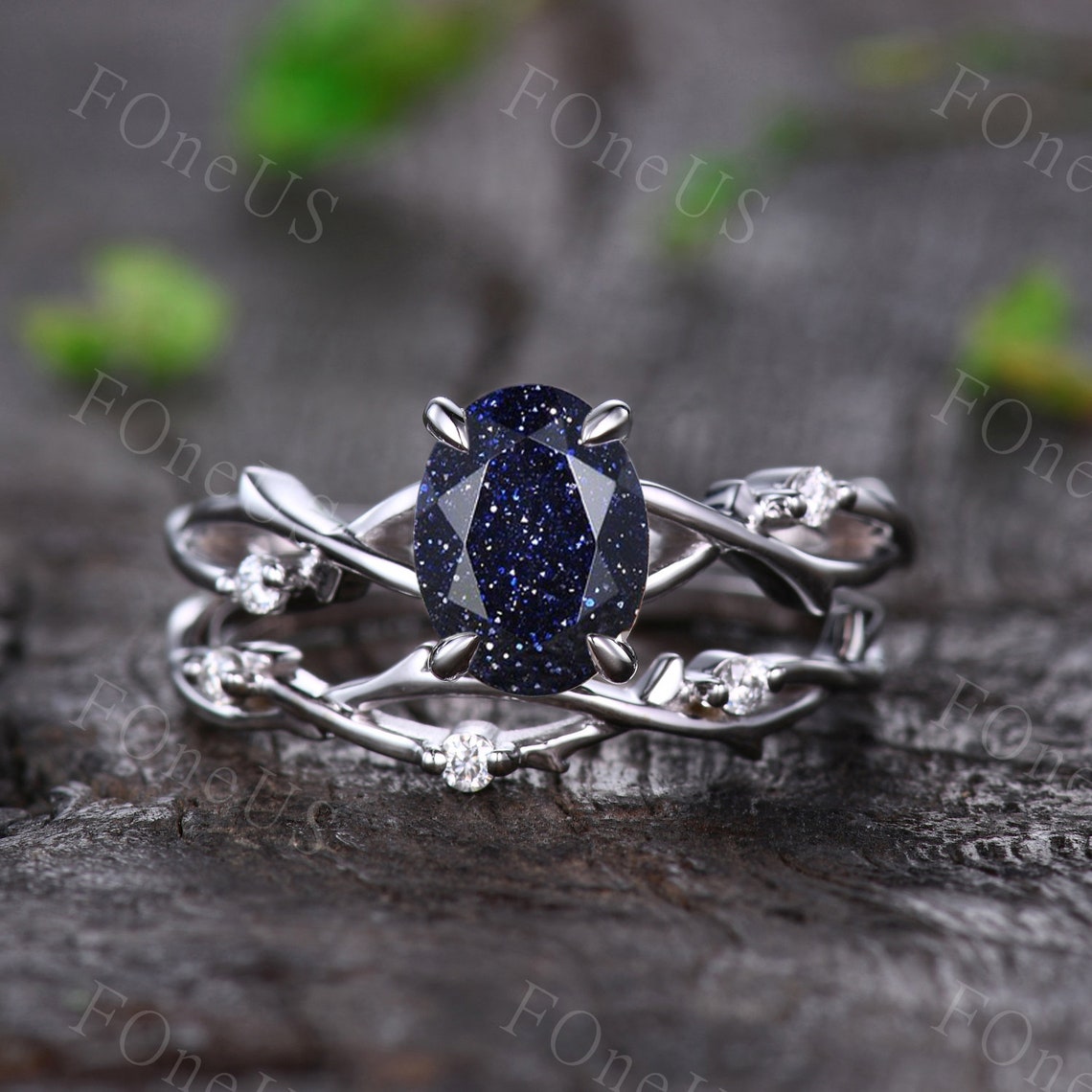 Blue Sandstone Ring Set Sterling Silver Oval Galaxy Sandstone - Etsy