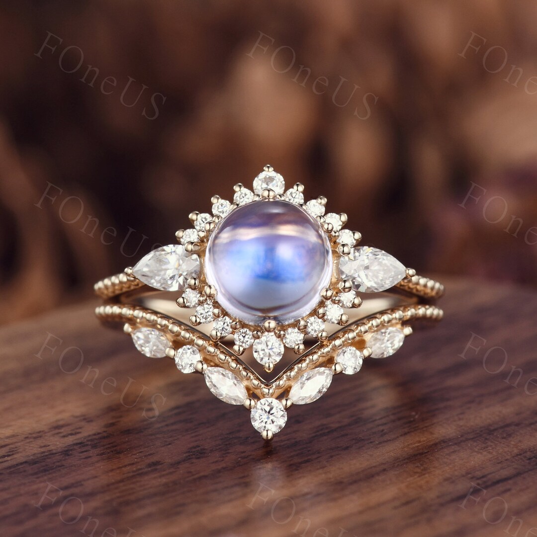 Vintage Moonstone Engagement Ring Set Unique Solid Gold Bridal Set ...