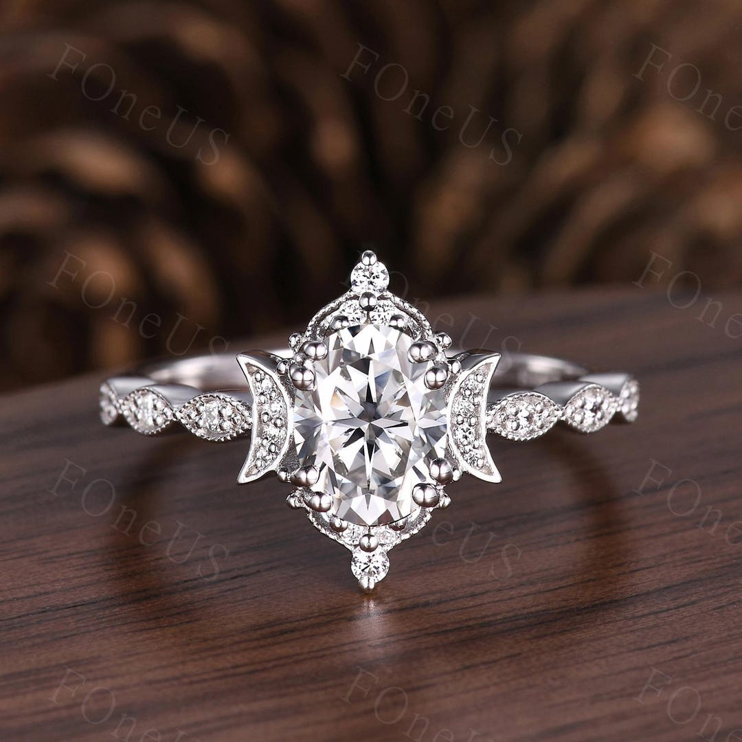 Antique Moissanite Engagement Ring Unique Moon Style Ring 14K White ...