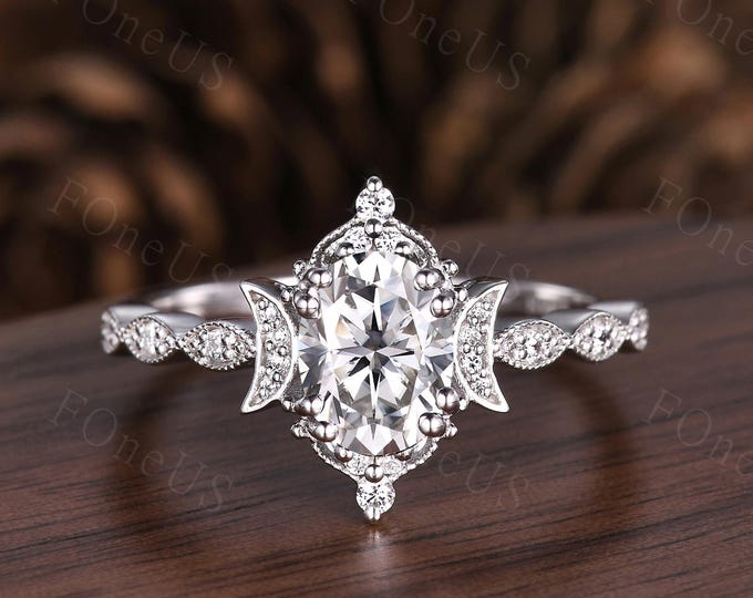 Antique Moissanite Engagement Ring Unique Moon Style Ring 14K White Gold Ring Vintage Oval Cut ...