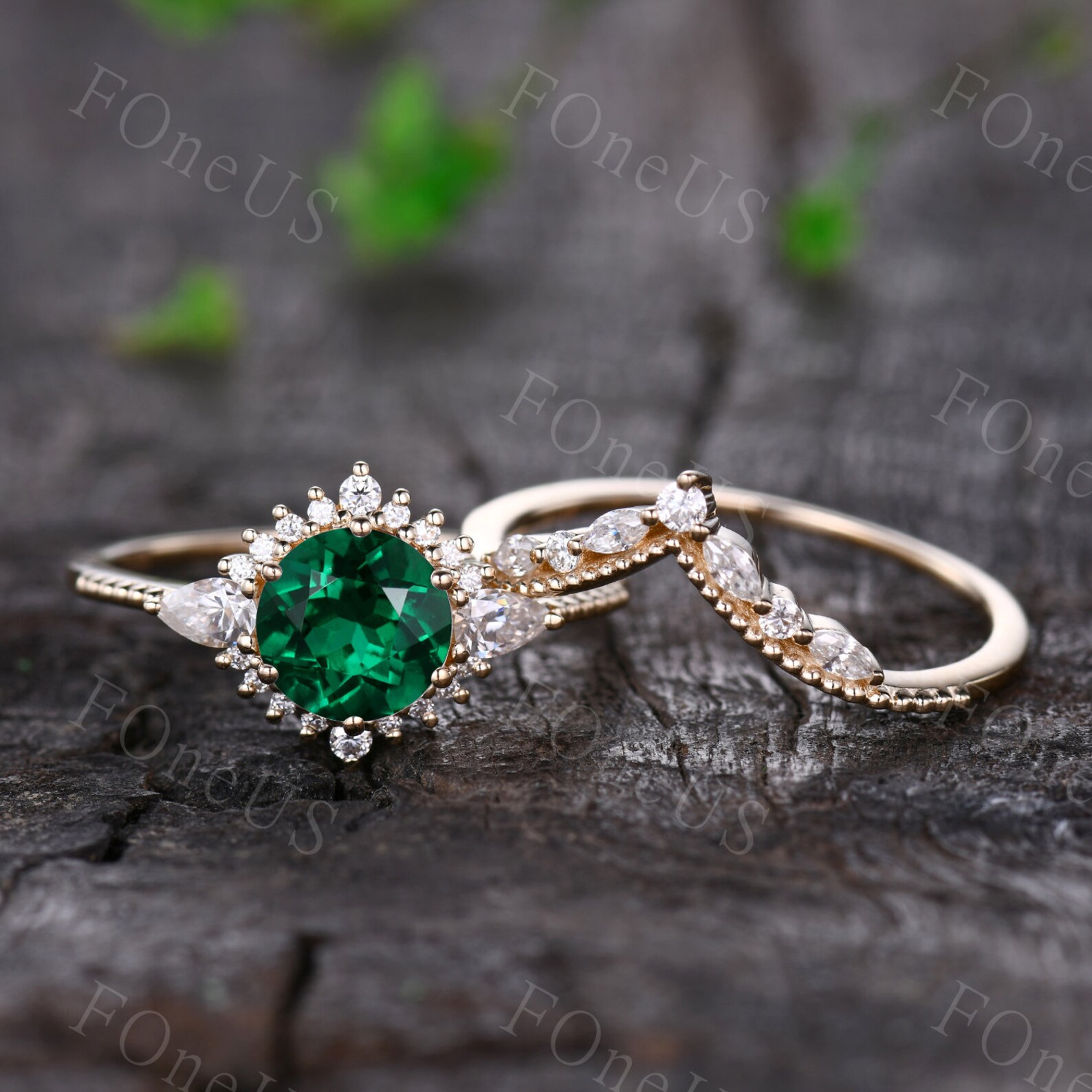 Vintage Green Emerald Engagement Ring Set Unique Solid Gold Engagement ...