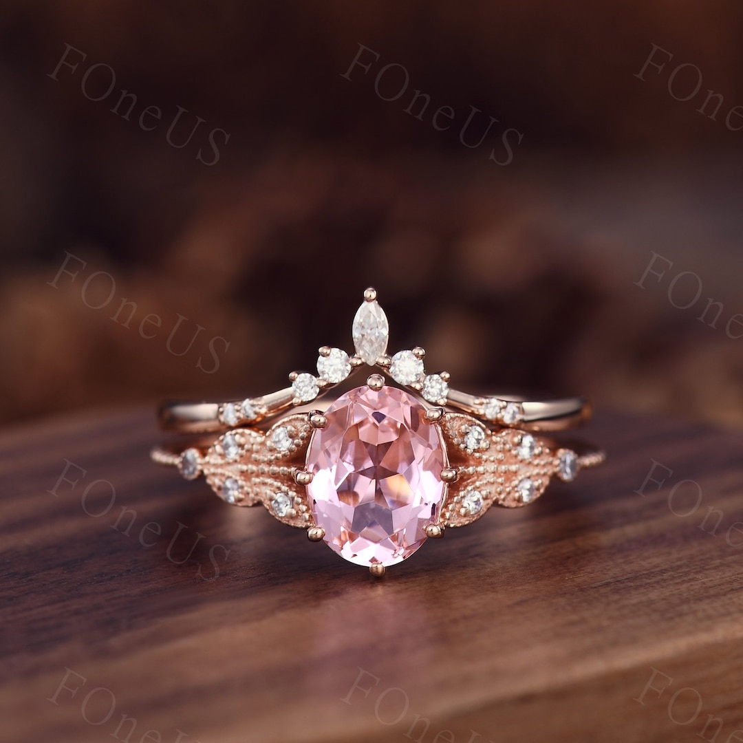 Pink Morganite Engagement Ring Set Rose Gold Oval Morganite Ring Art ...
