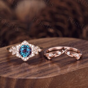 Vintage Alexandrite Engagement Ring Set Art Deco Rose Gold Floral ...