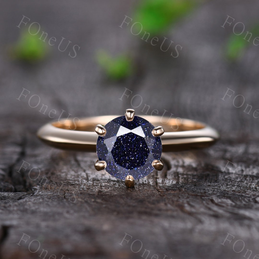14K Solid Gold Blue Sandstone Ring Solitaire Round Galaxy Blue ...