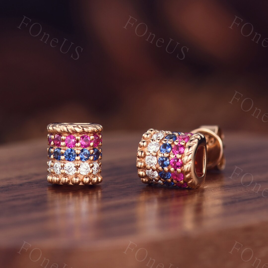 14K Solid Gold Ruby Earrings, Vintage Natural Ruby Sapphire Stud Earrings, Family Birthstone ...