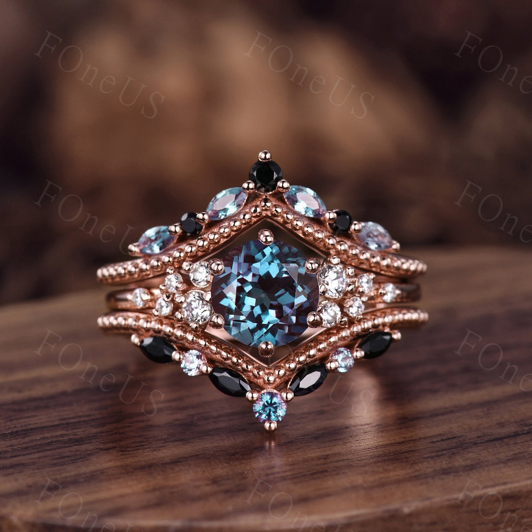 Vintage Alexandrite Engagement Ring Set Women Rose Gold Cluster ...