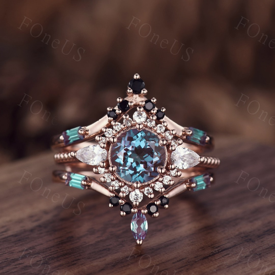 Vintage Alexandrite Engagement Ring Set Antique Rose Gold Cluster ...