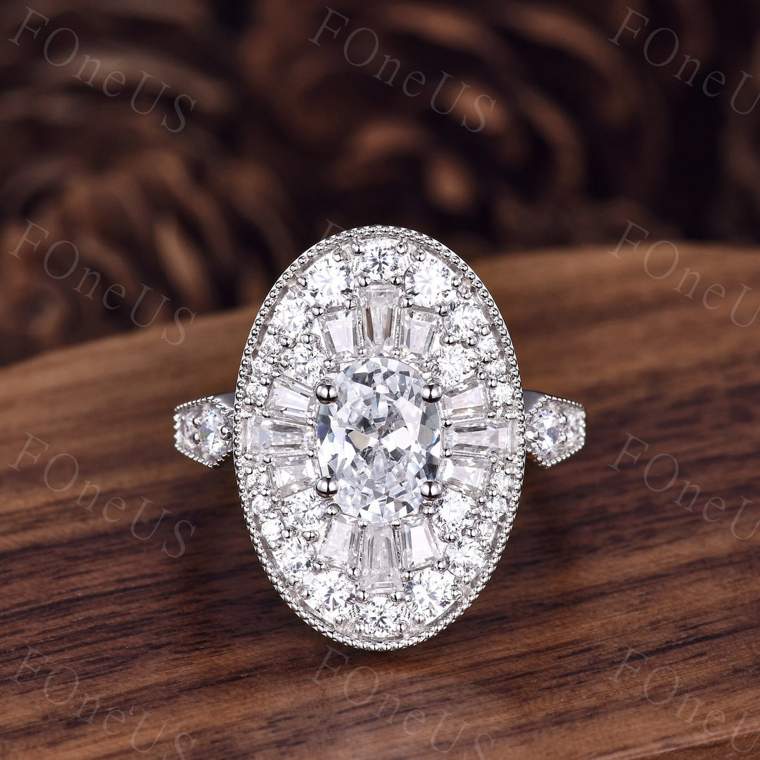 Antique Moissanite Engagement Ring Unique White Gold Double Halo Engagement Ring Ring Oval Cut ...