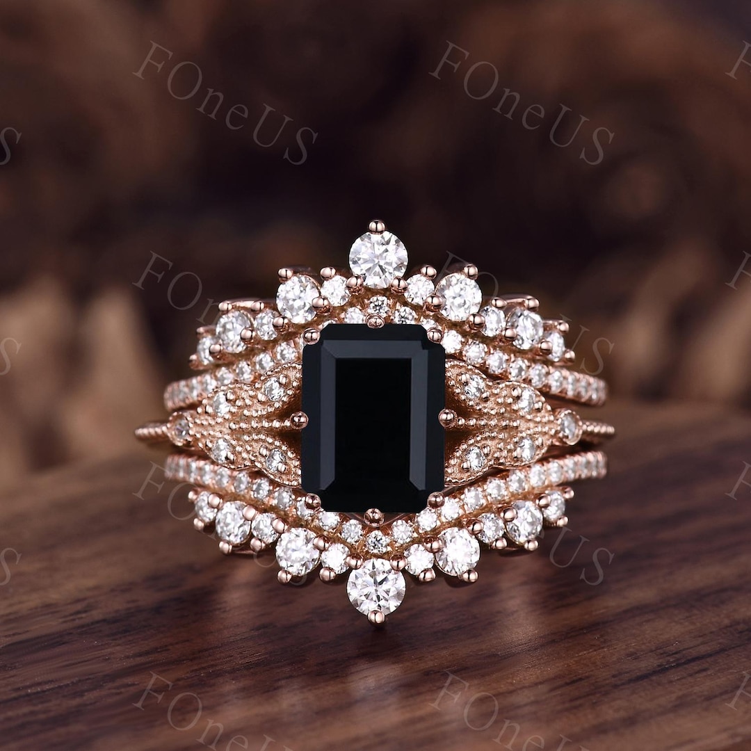 Vintage Black Onyx Engagement Ring Set Women Rose Gold Emerald Cut ...
